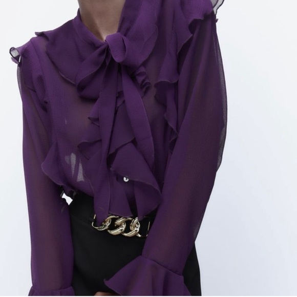 Zara | Tops | Nwt Purple Tied Blouse With Ruffles | Poshmark
